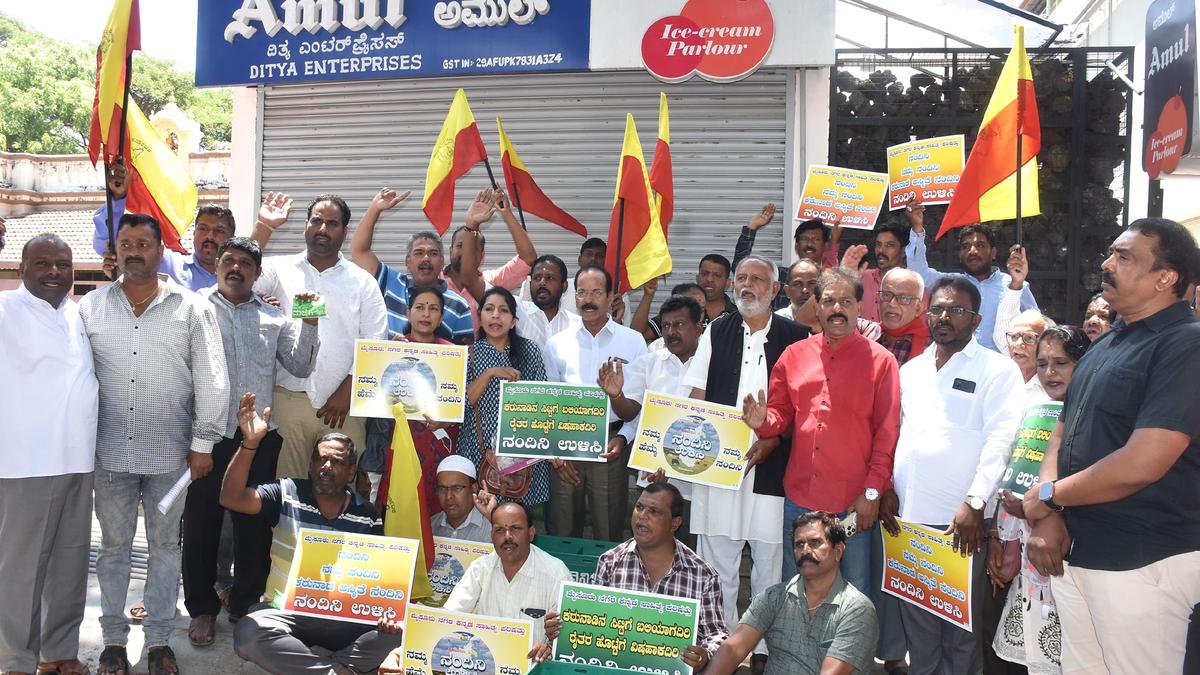 Protest outside Amul ice cream parlour in Mysuru - The Hindu