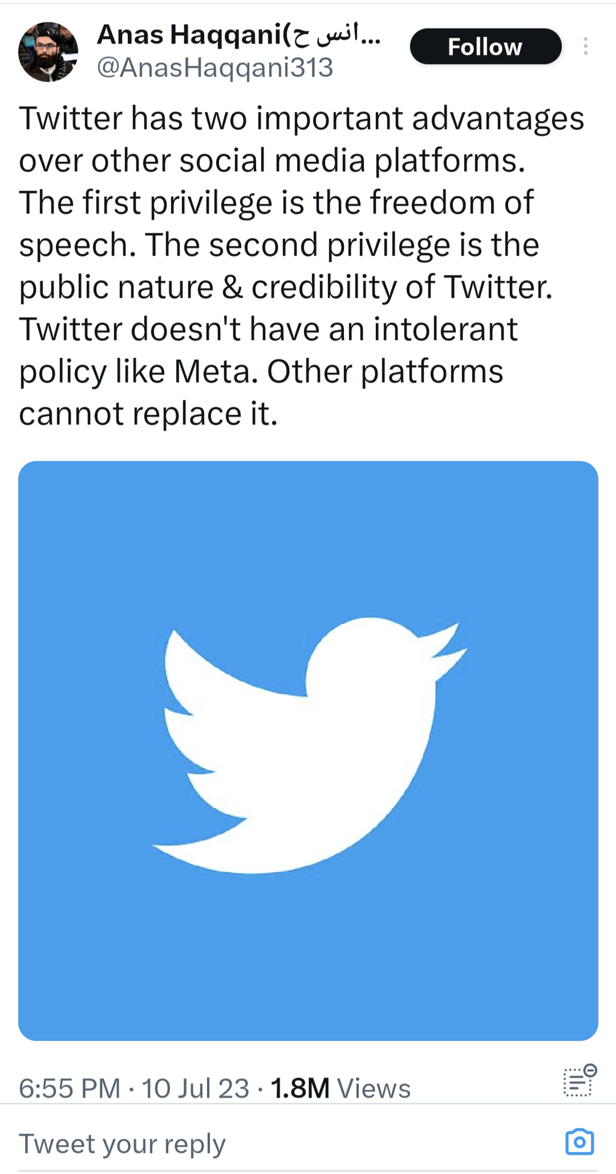 Taliban leader praises Twitter for “freedom of speech” and “credibility ...