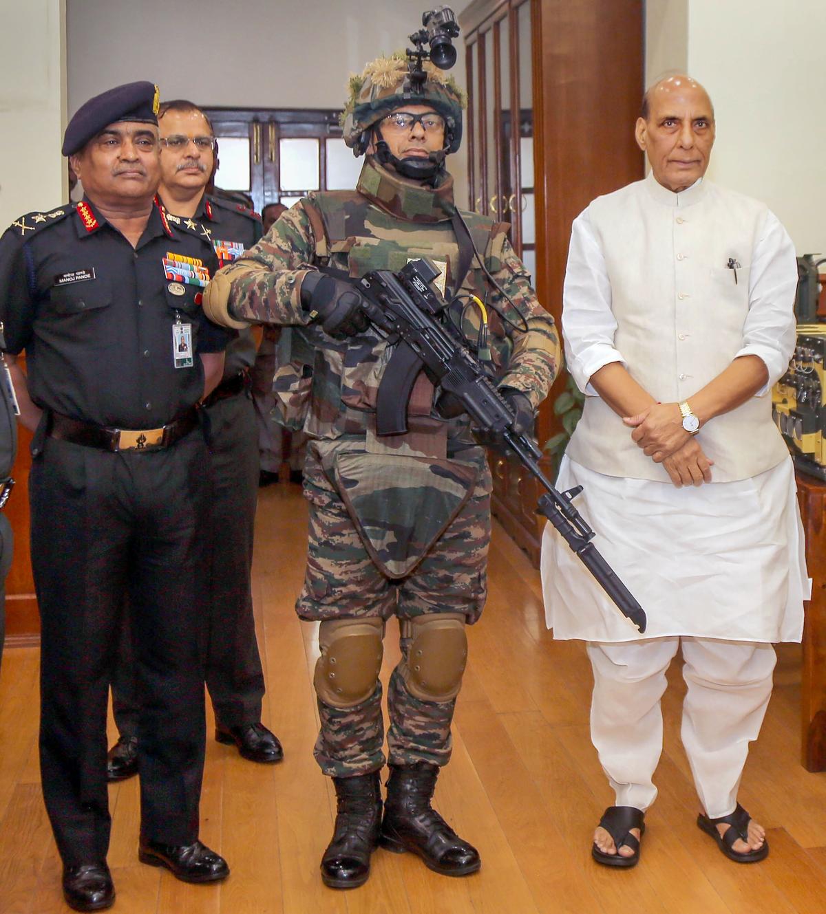Defence Minister Rajnath Singh hands over several indigenous defence equipment to Indian Army ...