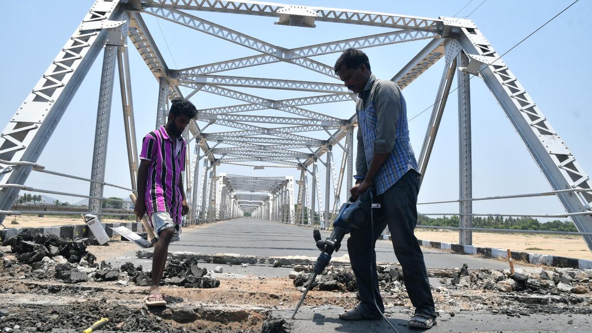 Repair works on old steel bridge across Ponnai river in Tiruvalam ...