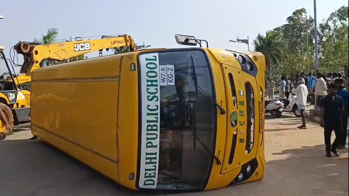 School bus topples, 25 children escape with minor injuries - The Hindu