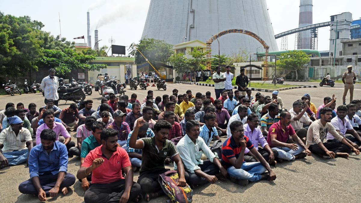 Seeking permanent jobs, contract workers of TTPS strike work - The Hindu