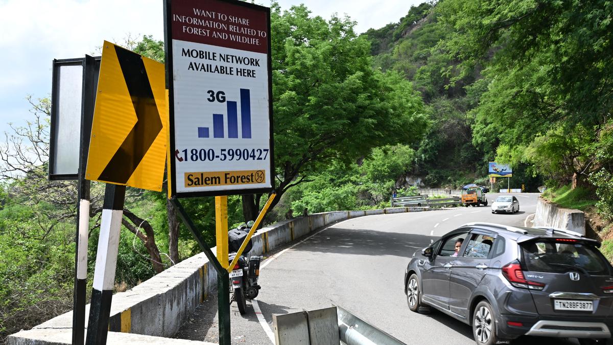 Forest Department installs boards indicating mobile signal points on Yercaud ghat road in Salem ...