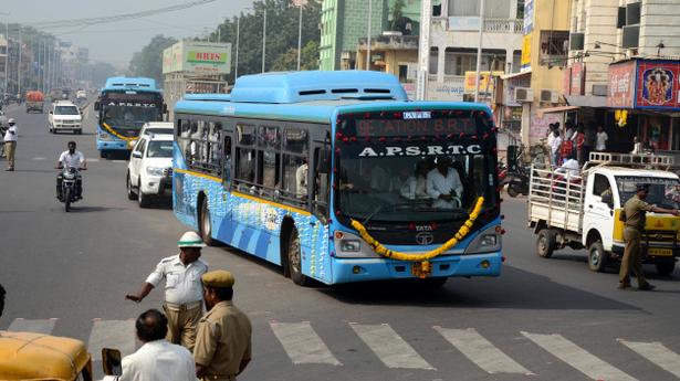 RTC buses’ trial run on BRTS road begins - The Hindu