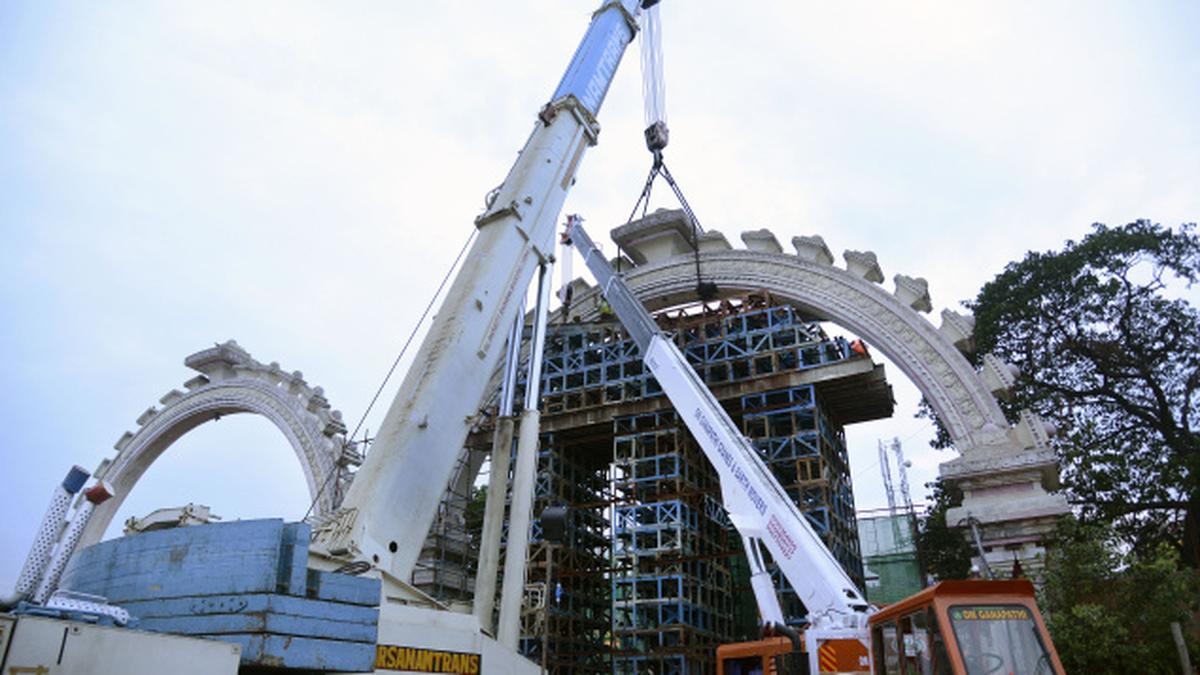 Crane holding Anna Arch up to be removed today - The Hindu