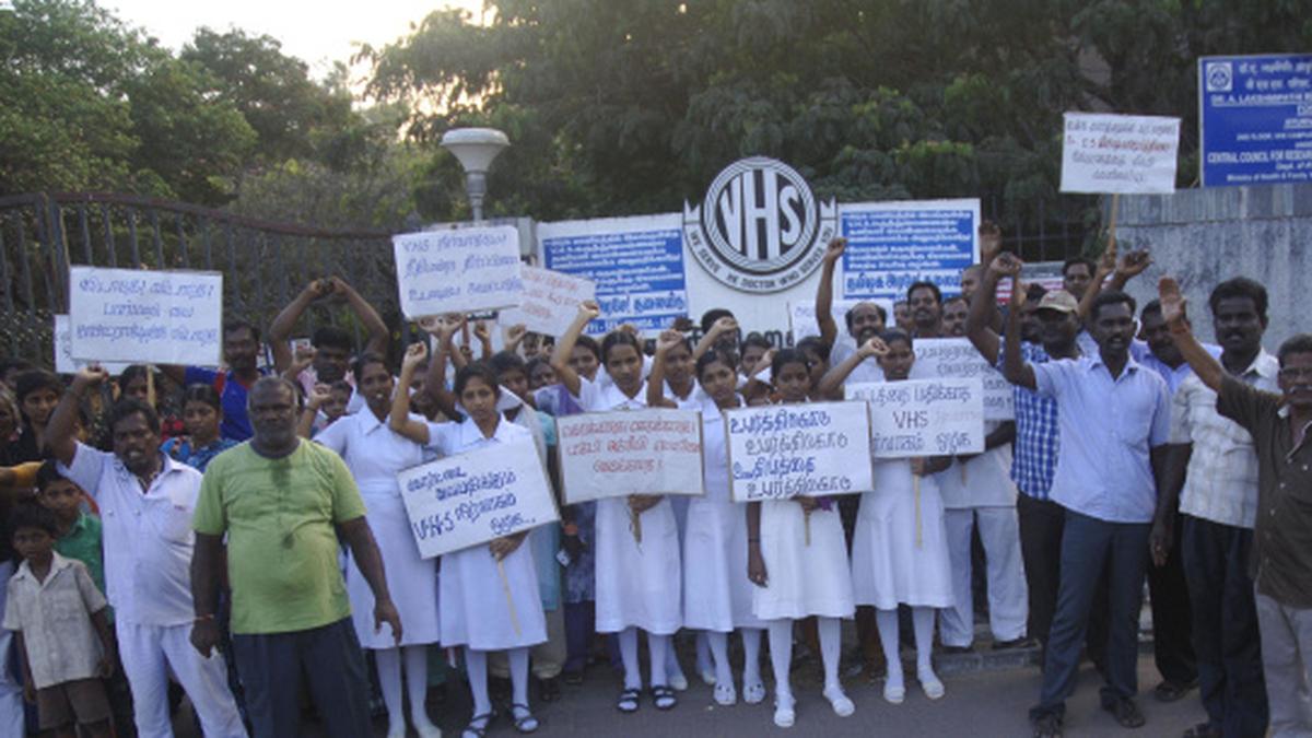 For 10 days, VHS staff on strike for pay hike - The Hindu