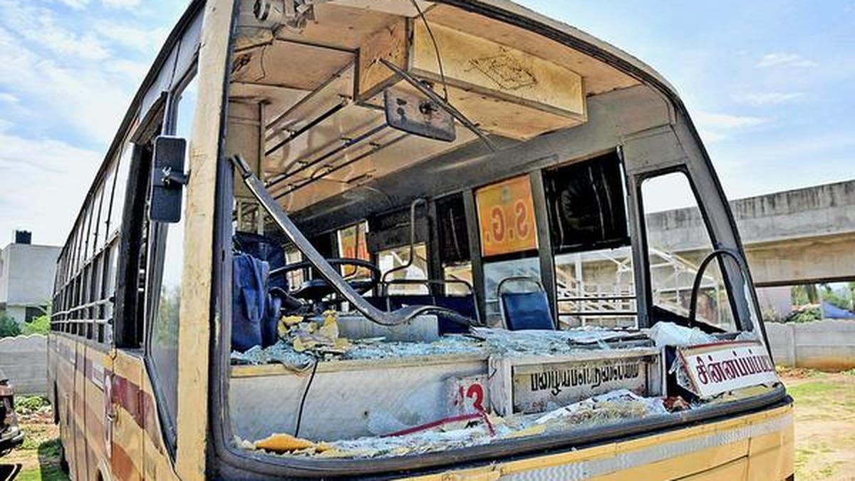 Windscreens of buses damaged - The Hindu