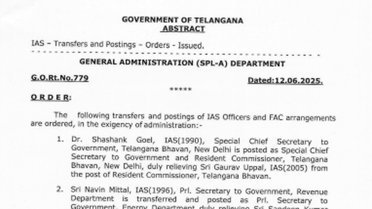 Telangana IAS reshuffling June 2025 | Navin Mittal sent out of Revenue ...