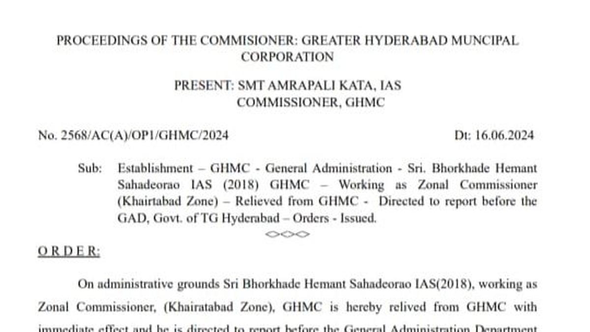 Civil servant relieved from GHMC - The Hindu