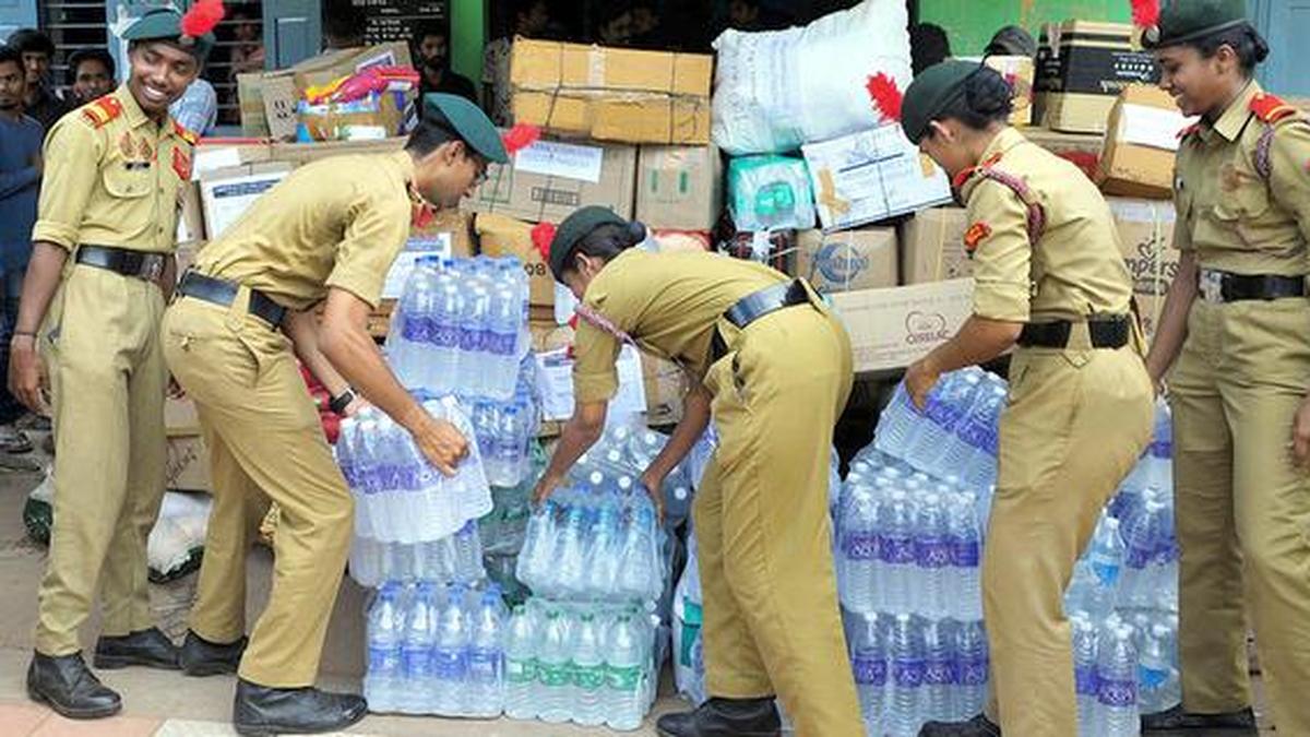 NCC cadets hand over relief materials - The Hindu