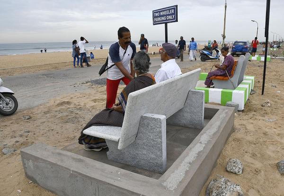 New stone benches on Palavakkam beach Road - The Hindu