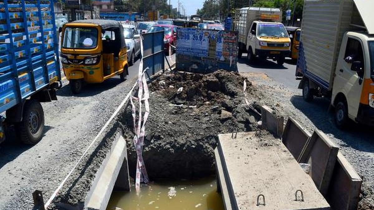 Culvert work inches along, slows down traffic on GNT Road - The Hindu