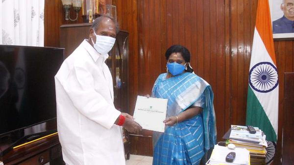 Puducherry CM hands over portfolios of Ministers to LG - The Hindu