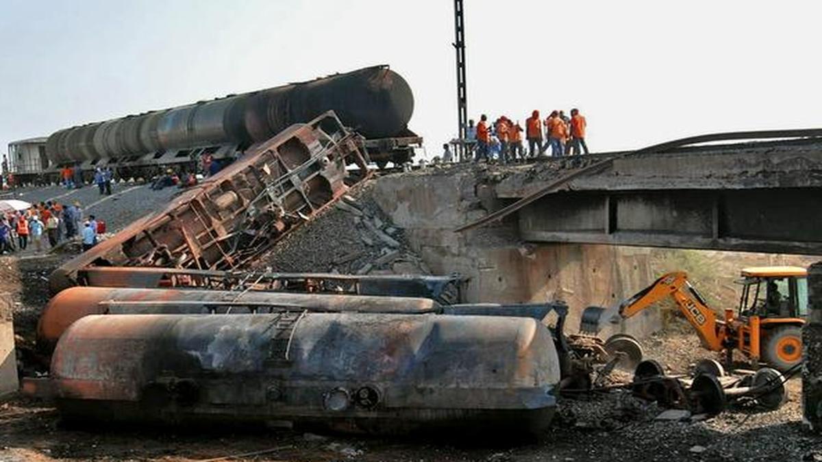 Goods train derails, oil tankers catch fire - The Hindu