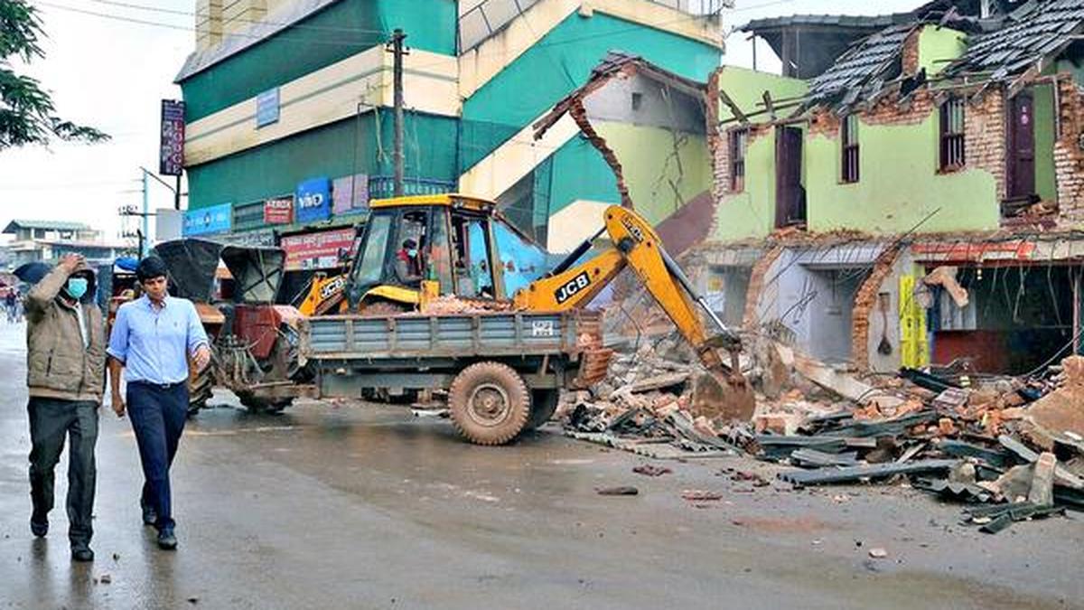 Demolition drive for road widening under way - The Hindu